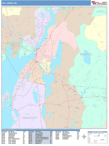 Fall River Massachusetts Wall Map (Color Cast Style) by MarketMAPS