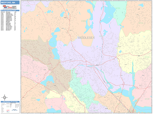 Medford Massachusetts Wall Map (Color Cast Style) by MarketMAPS