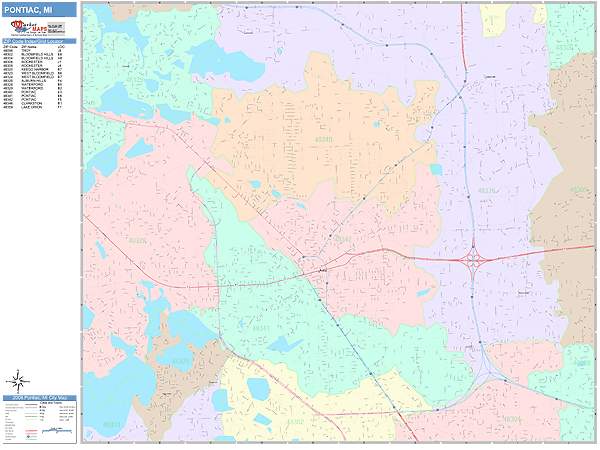 Pontiac Michigan Wall Map (Color Cast Style) by MarketMAPS