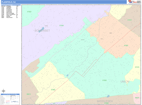 Plainfield New Jersey Wall Map (Color Cast Style) by MarketMAPS