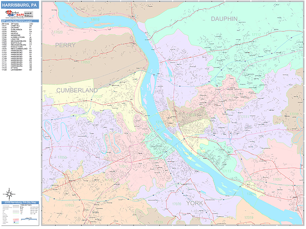 Harrisburg Pennsylvania Wall Map (Color Cast Style) by MarketMAPS