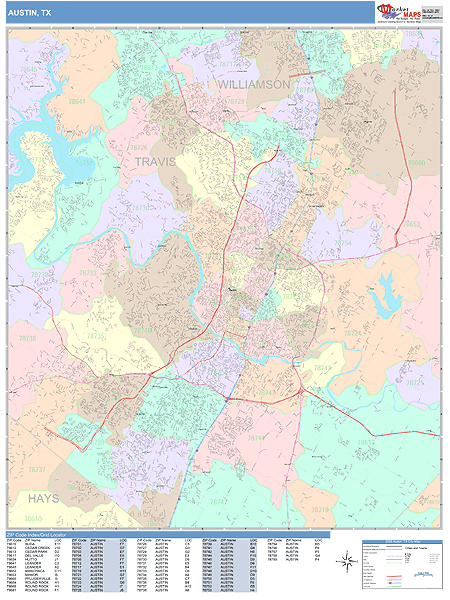 Austin Texas Wall Map (Color Cast Style) by MarketMAPS