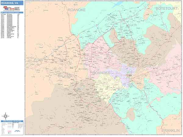 Roanoke Virginia Wall Map (Color Cast Style) by MarketMAPS