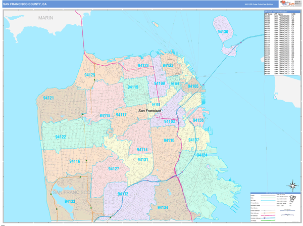San Francisco County, CA Wall Map Color Cast Style by MarketMAPS
