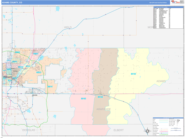 Adams County, CO Wall Map Color Cast Style by MarketMAPS