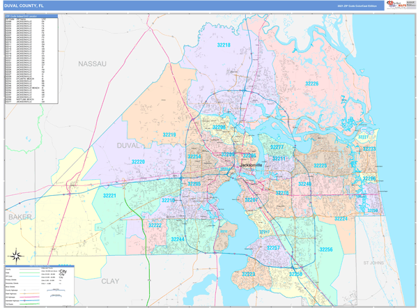 Duval County, FL Wall Map Color Cast Style by MarketMAPS