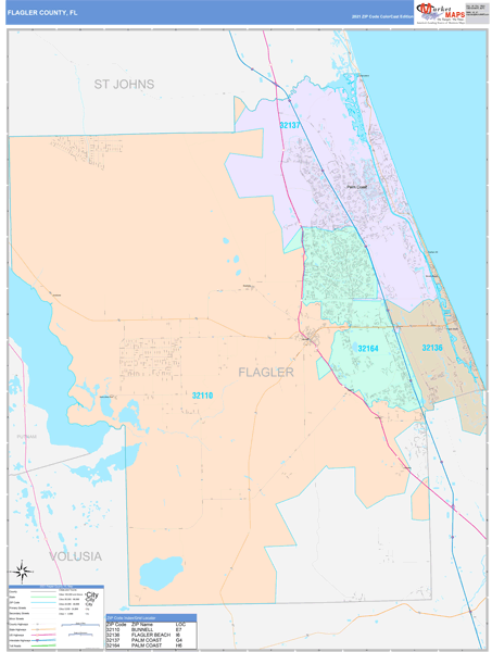Flagler County, FL Wall Map Color Cast Style by MarketMAPS