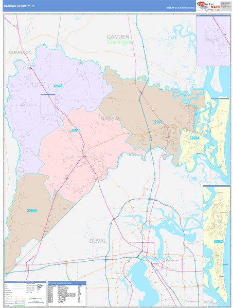 Nassau County, FL Wall Map Color Cast Style by MarketMAPS