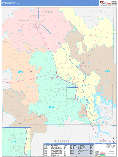 Bartow County, GA Wall Map Color Cast Style by MarketMAPS