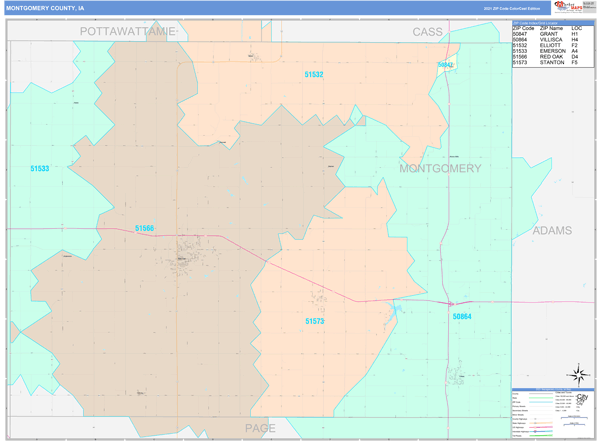 Montgomery County, IA Wall Map Color Cast Style by MarketMAPS