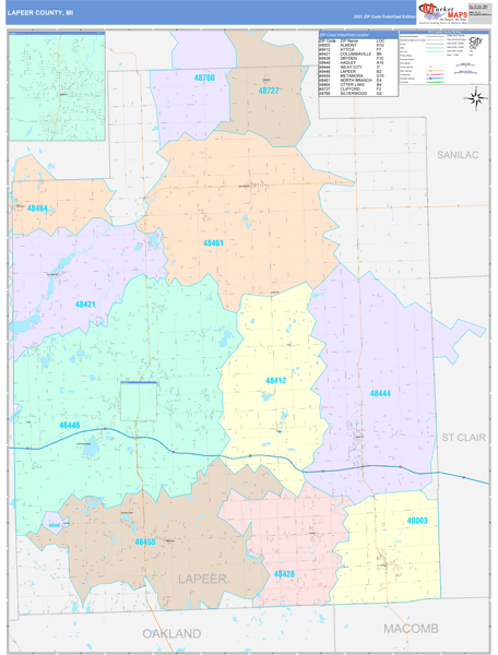 Lapeer County, MI Wall Map Color Cast Style by MarketMAPS