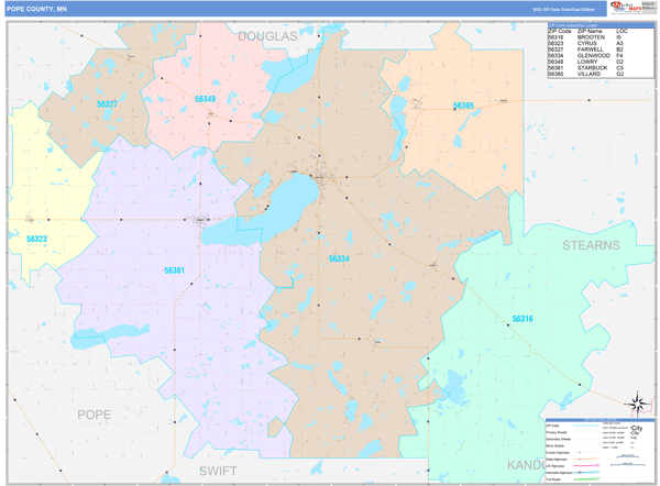 Pope County, MN Wall Map Color Cast Style by MarketMAPS