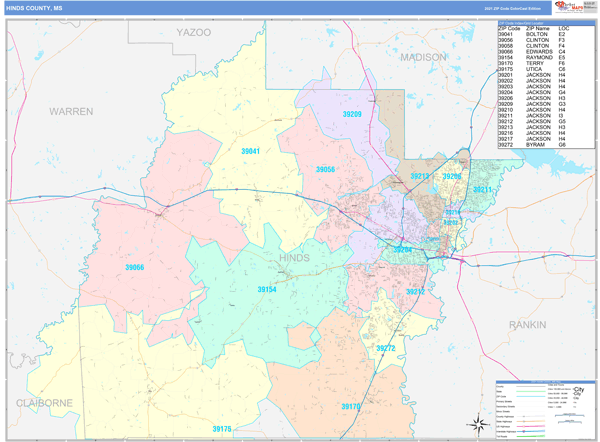 Hinds County, MS Wall Map Color Cast Style by MarketMAPS
