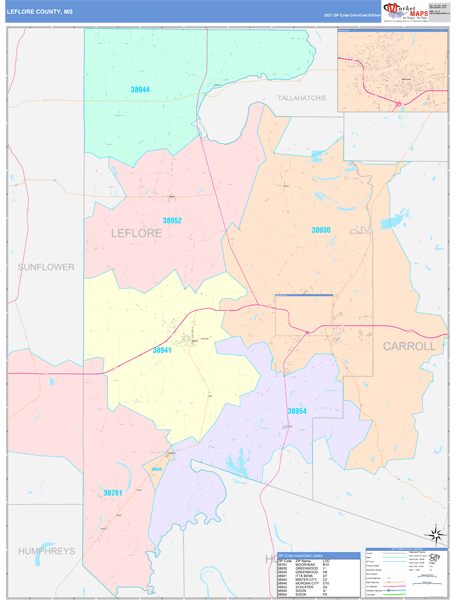 Leflore County, MS Wall Map Color Cast Style by MarketMAPS