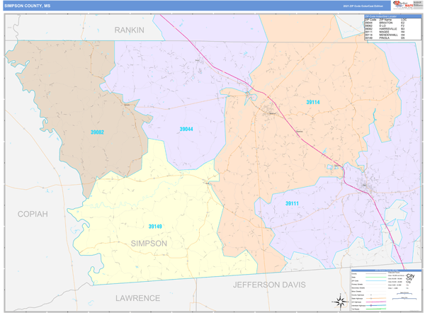 Simpson County, MS Wall Map Color Cast Style by MarketMAPS