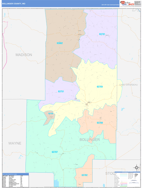Bollinger County, MO Wall Map Color Cast Style by MarketMAPS