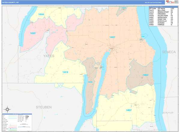 Yates County, NY Wall Map Color Cast Style by MarketMAPS