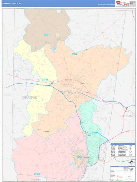 Orange County, NC Wall Map Color Cast Style by MarketMAPS