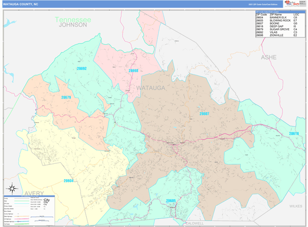 Watauga County, NC Wall Map Color Cast Style by MarketMAPS