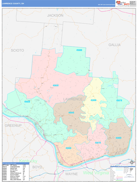 Lawrence County, OH Wall Map Color Cast Style by MarketMAPS