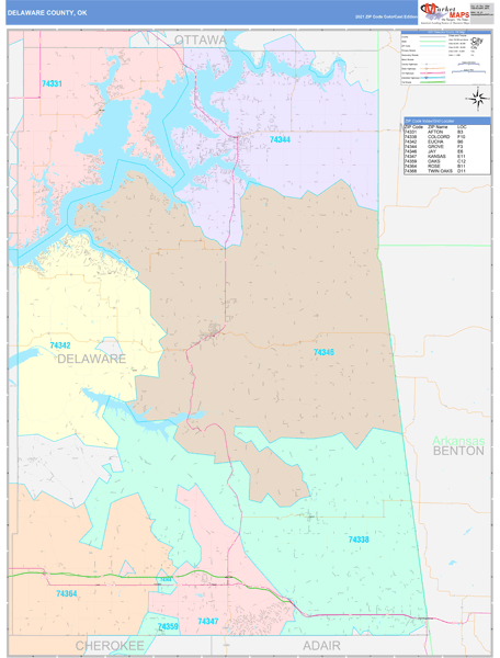 Delaware County, OK Wall Map Color Cast Style by MarketMAPS