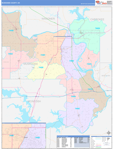 Muskogee County, OK Wall Map Color Cast Style by MarketMAPS