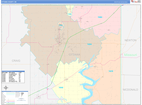 Ottawa County, OK Wall Map Color Cast Style by MarketMAPS