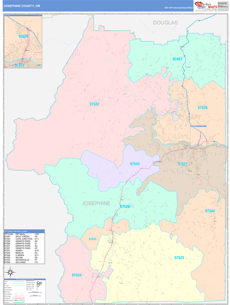 Josephine County, OR Wall Map Color Cast Style by MarketMAPS