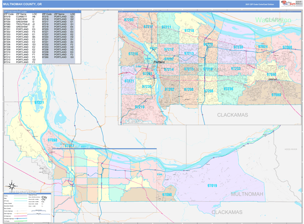Multnomah County, OR Wall Map Color Cast Style by MarketMAPS