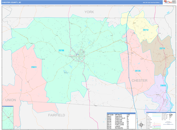 Chester County, SC Wall Map Color Cast Style by MarketMAPS