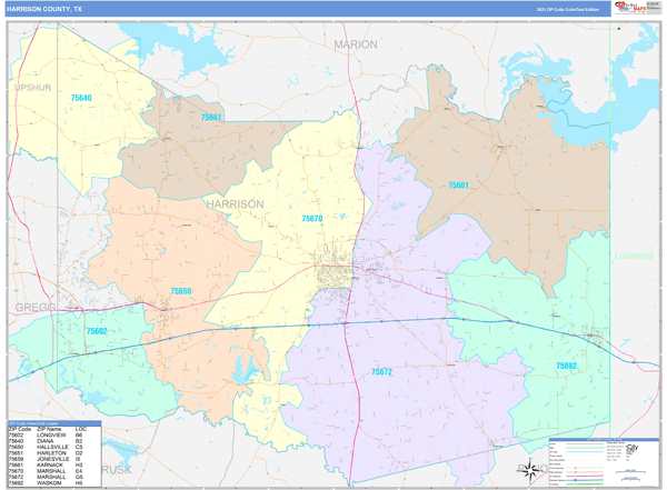 Harrison County, TX Wall Map Color Cast Style by MarketMAPS
