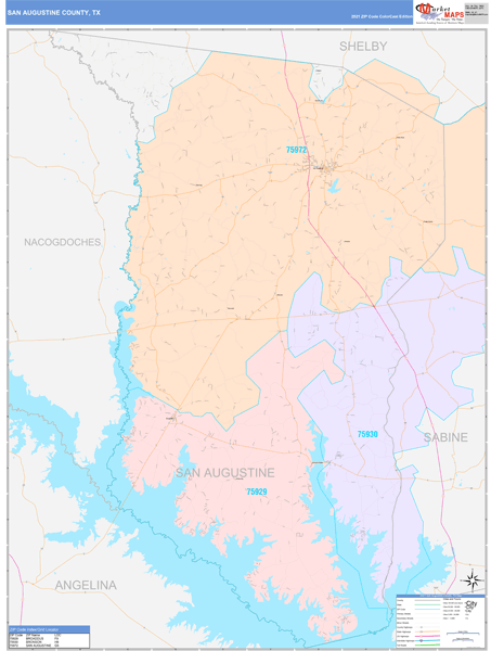 San Augustine County, TX Wall Map Color Cast Style by MarketMAPS
