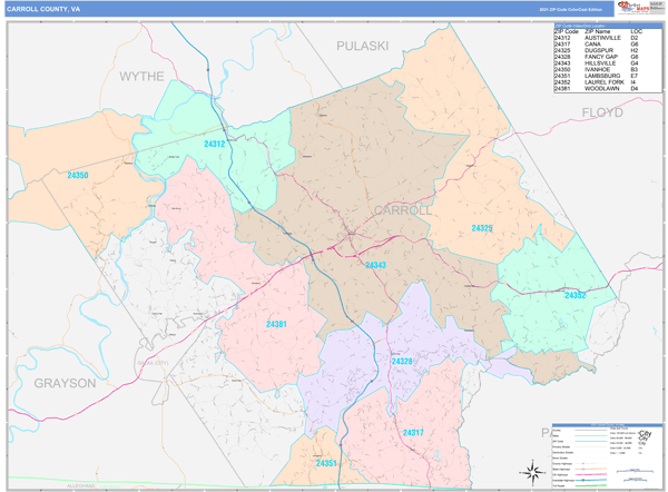 Carroll County, VA Wall Map Color Cast Style by MarketMAPS