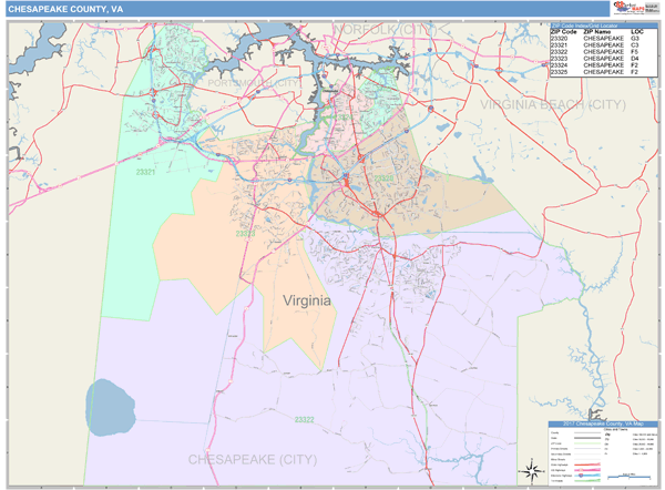 Chesapeake County, VA Wall Map Color Cast Style by MarketMAPS