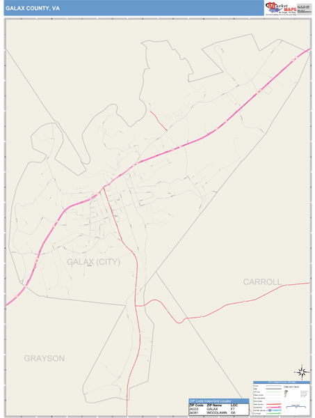 Galax County, VA Wall Map Color Cast Style by MarketMAPS