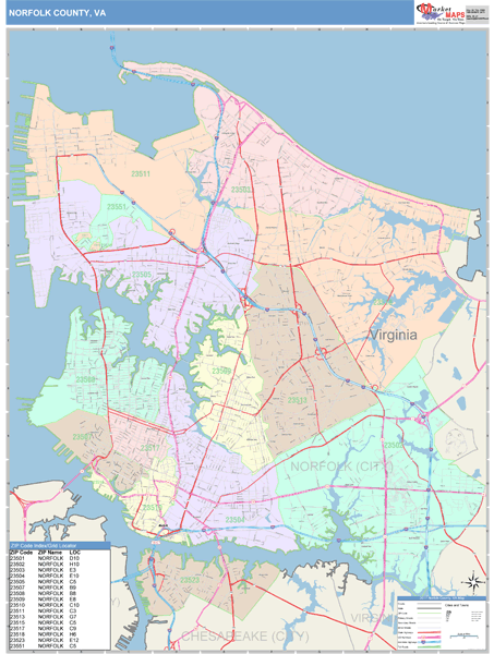 Norfolk County, VA Wall Map Color Cast Style by MarketMAPS