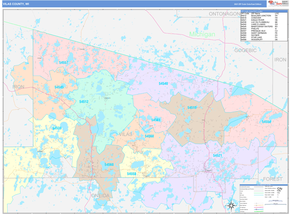 Vilas County, WI Wall Map Color Cast Style by MarketMAPS