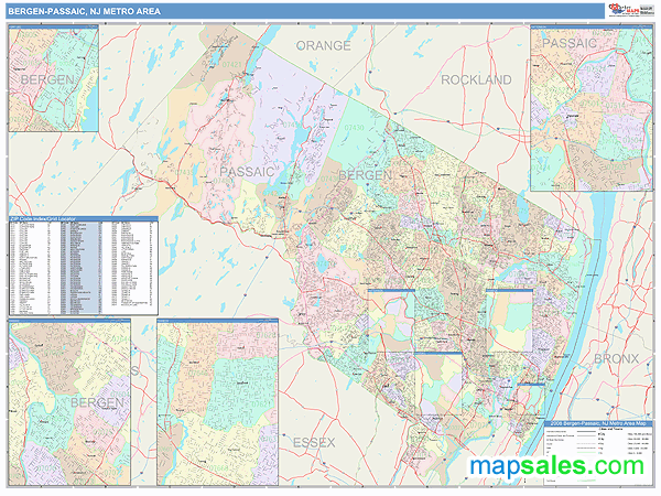 Bergen-Passaic, NJ Metro Area Wall Map Color Cast Style by MarketMAPS