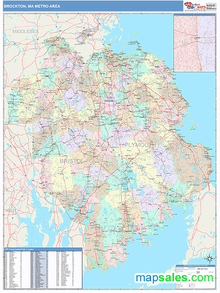 Brockton, MA Metro Area Wall Map Color Cast Style by MarketMAPS