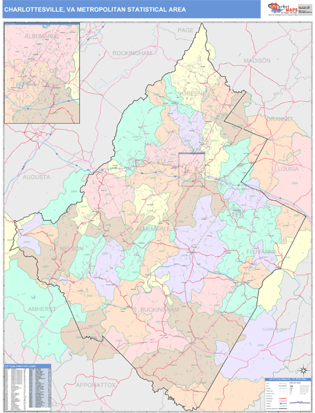 Charlottesville, VA Metro Area Wall Map Color Cast Style by MarketMAPS