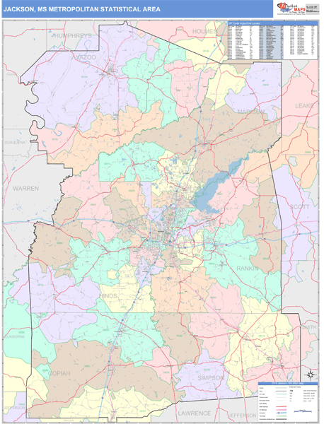 Jackson, MS Metro Area Wall Map Color Cast Style by MarketMAPS