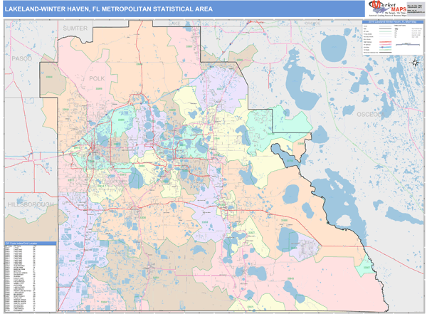 Lakeland-Winter Haven, FL Metro Area Wall Map Color Cast Style by ...