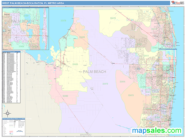 West Palm Beach-Boca Raton, FL Metro Area Wall Map Color Cast Style by ...