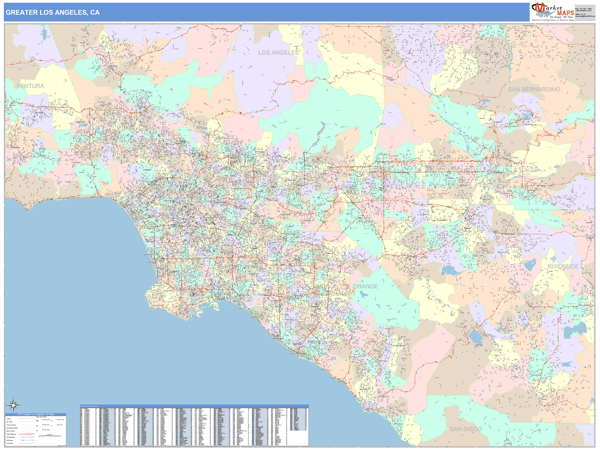 Greater Los Angeles, CA Metro Area Wall Map Color Cast Style by MarketMAPS