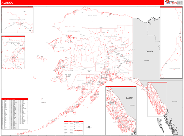 Alaska Zip Code Wall Map Red Line Style by MarketMAPS