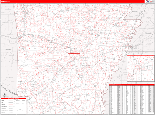 Arkansas Zip Code Wall Map Red Line Style By Marketmaps