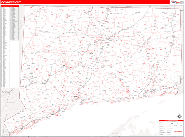 Connecticut Zip Code Wall Map Red Line Style by MarketMAPS