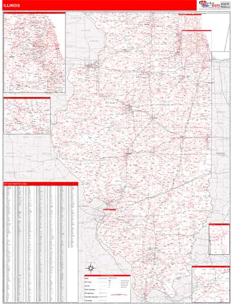 Illinois Zip Code Wall Map Red Line Style by MarketMAPS