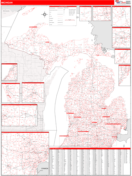 Michigan Zip Code Wall Map Red Line Style by MarketMAPS