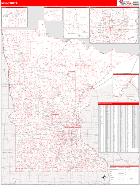 Minnesota Zip Code Wall Map Red Line Style by MarketMAPS